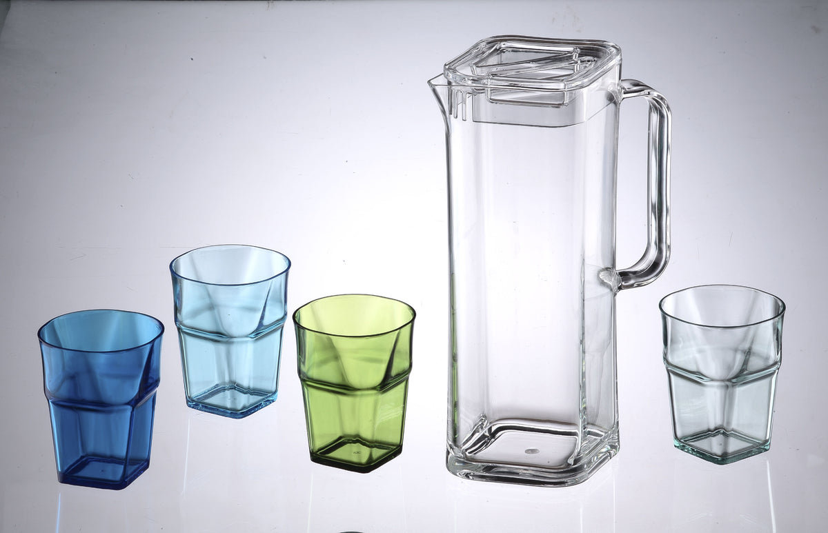 Acrylic 1.7L Square Pitcher W/ 4 Nesting Tumblers – Clear Home Decor